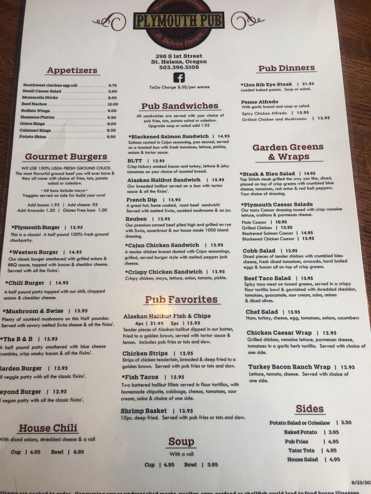 Menu at Plymouth Pub, Saint Helens