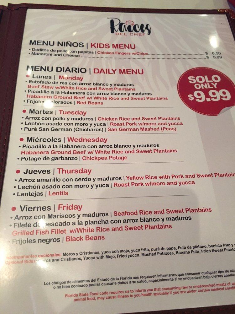 Menu at Raices Del Chef Ramon restaurant, The Hammocks