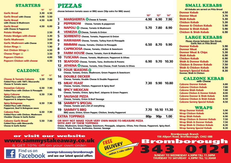 Menu at Sammy's Takeaway pizzeria, Birkenhead
