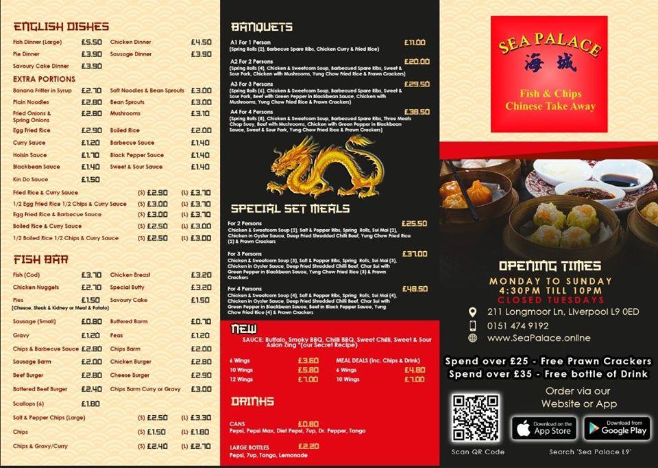 Menu at sea palace restaurant, Liverpool, 211Longmoor Lane