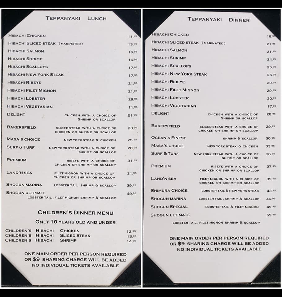 Menu at Shogun Palace restaurant, Bakersfield