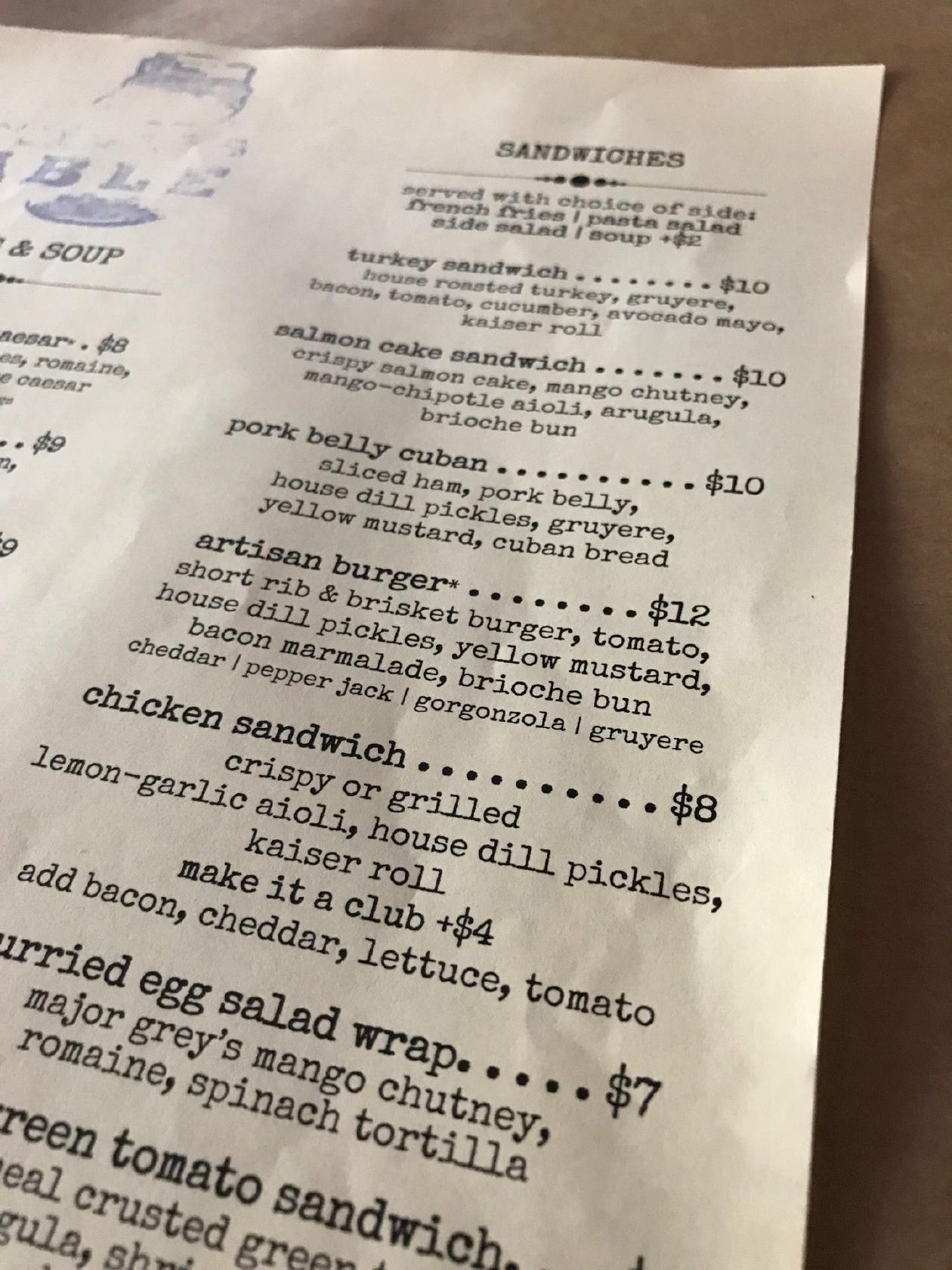 Menu at Artisan's Table restaurant, Orlando