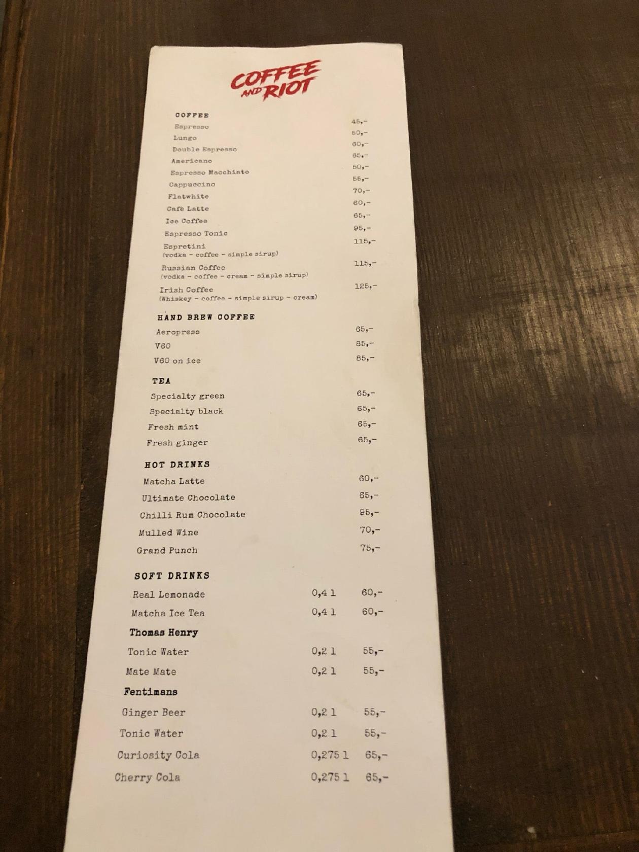 Menu at Coffee and Riot pub & bar, Prague