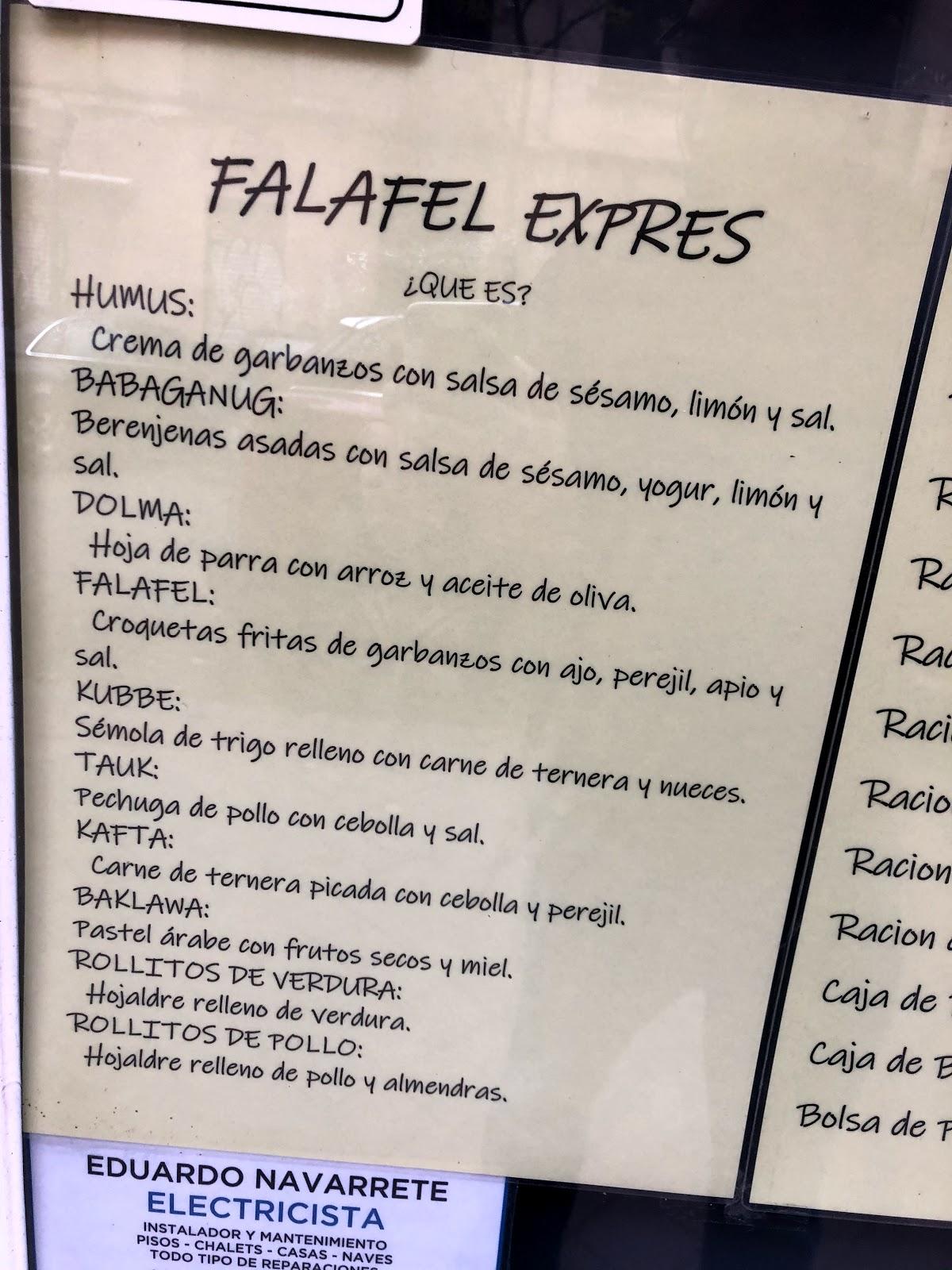 Carta del restaurante Falafel Express, Madrid