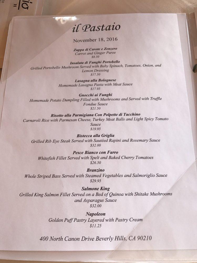 Menu at Il Pastaio restaurant, Beverly Hills