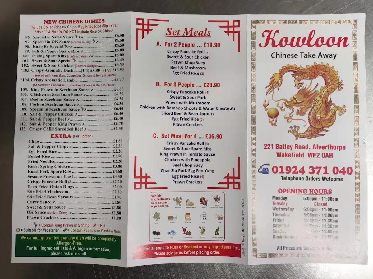 Menu at Kowloon Chinese Take Away fast food, Wakefield