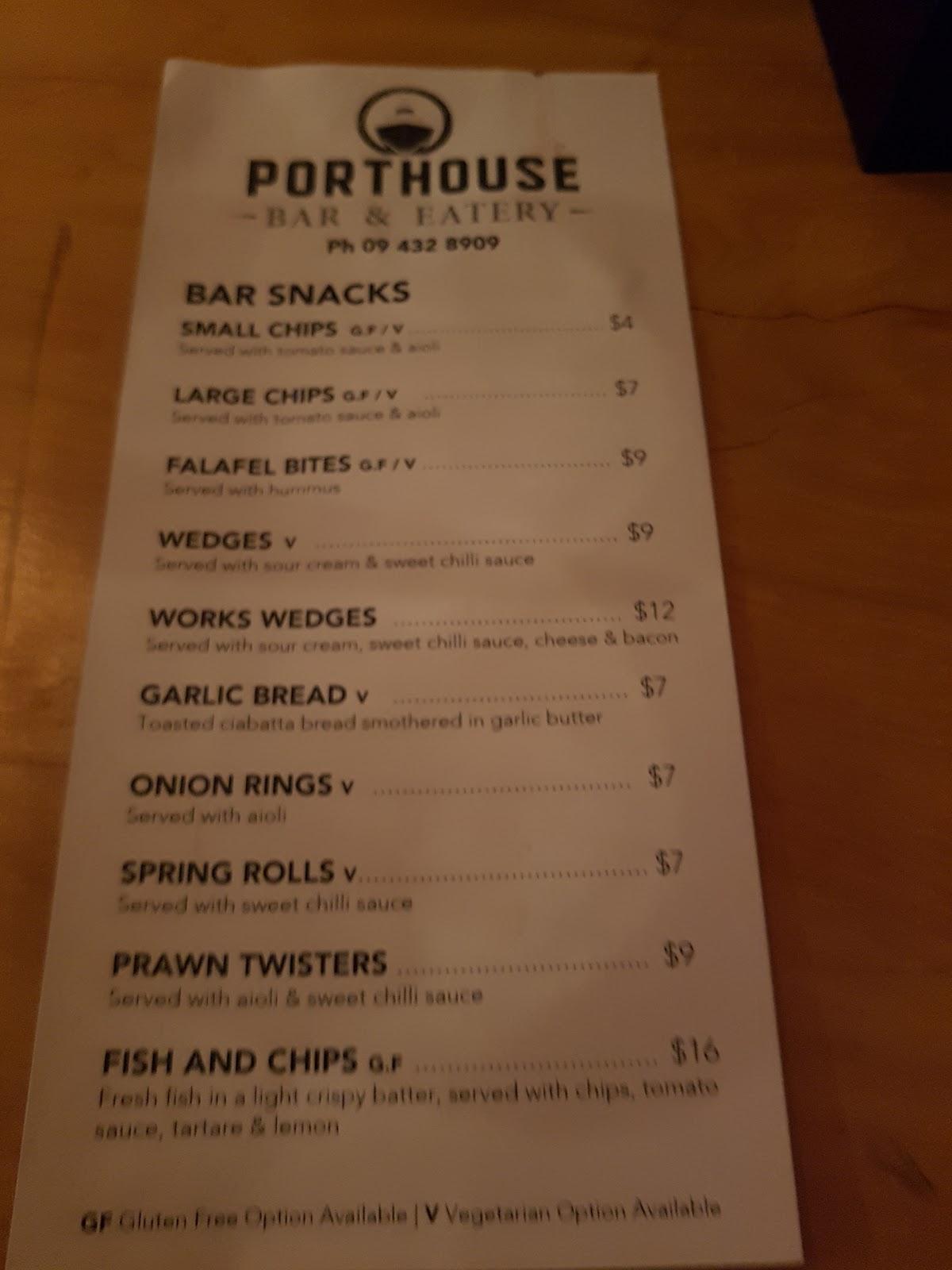 Menu at Porthouse Bar and Eatery, Ruakaka