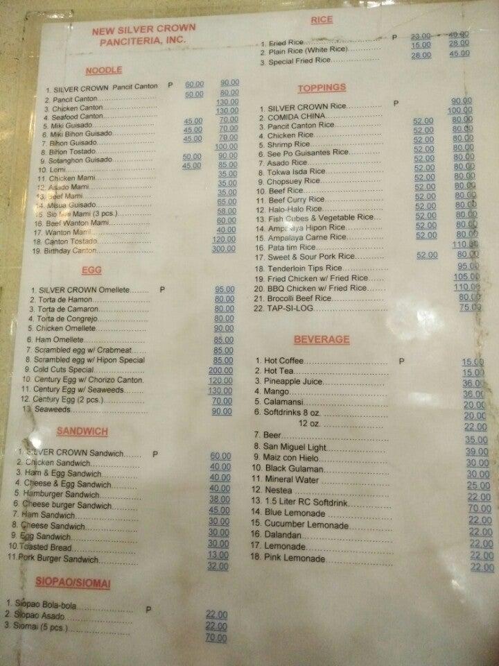 Menu at Silver Crown Restaurant, Caloocan