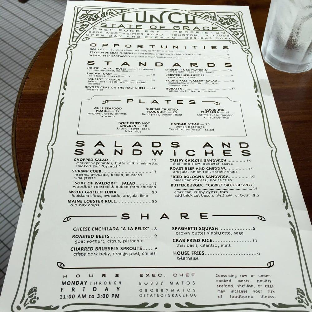Menu at State of Grace restaurant, Houston, Westheimer Rd