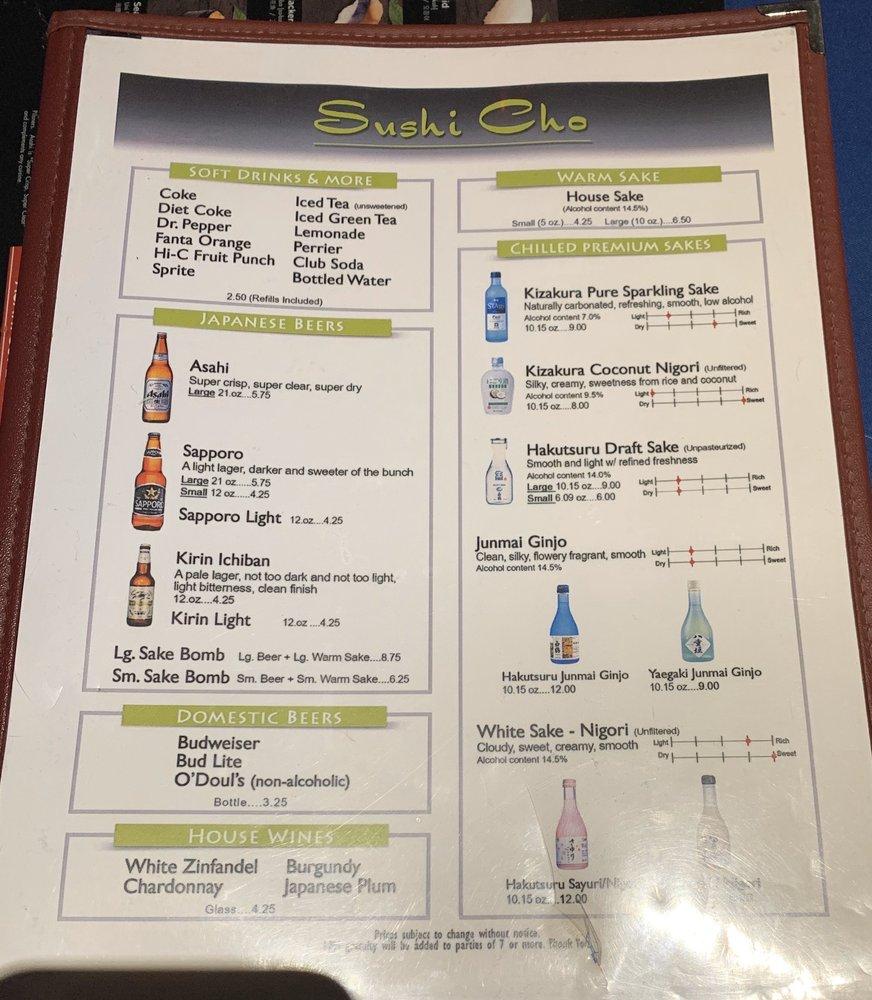 Menu at Sushi-Cho Restaurant, Tucson