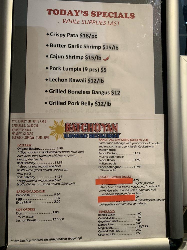 Menu at Batchoyan Ilonggo Restaurant, Camarillo