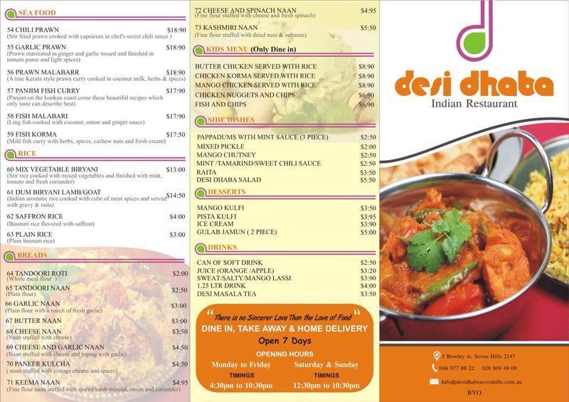 Carta del restaurante Desi Dhaba Indian Restauarant, Seven Hills
