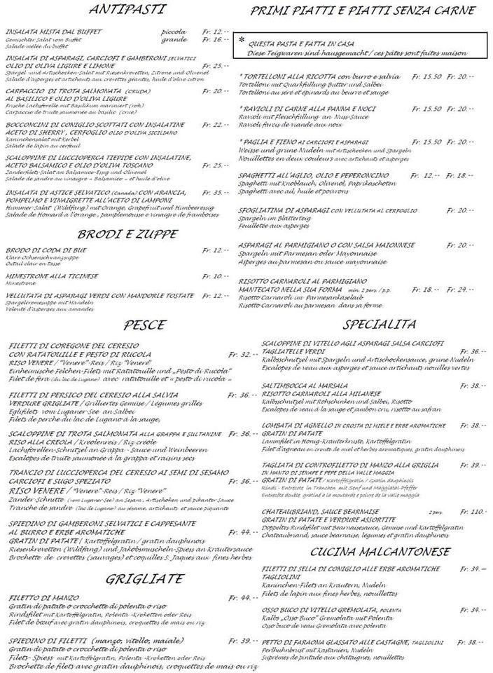 Menu da Hotel Cacciatori, Cademario
