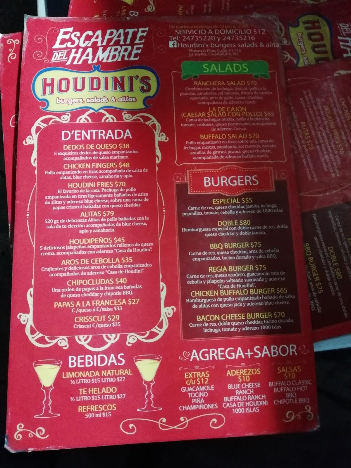 Menu at Houdini's restaurant, Guadalupe, L.