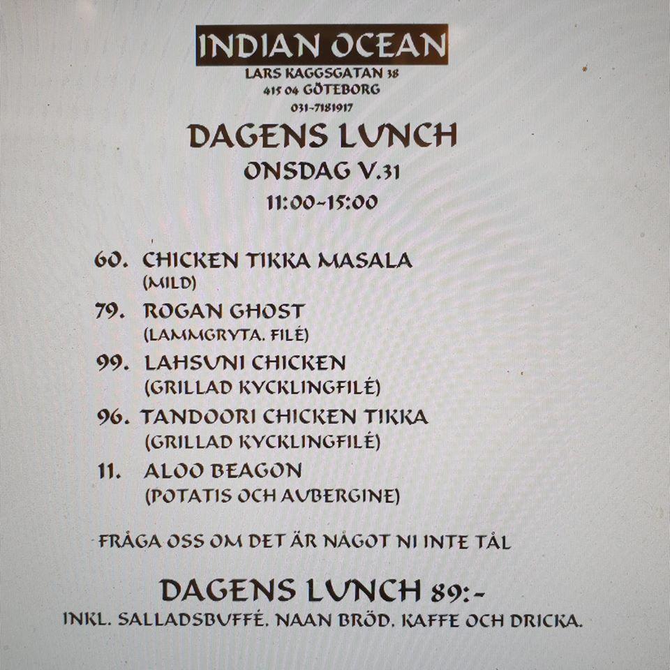 Menu at Indian Ocean Indisk Restaurang restaurant, Gothenburg