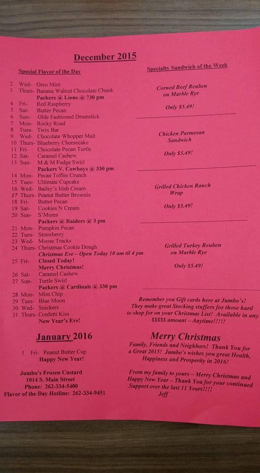 Menu at Jumbo's Frozen Custard restaurant, West Bend