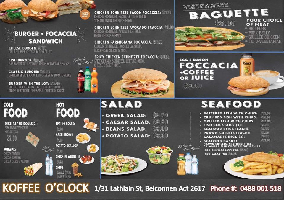 Menu at Koffee O'clock cafe, Belconnen