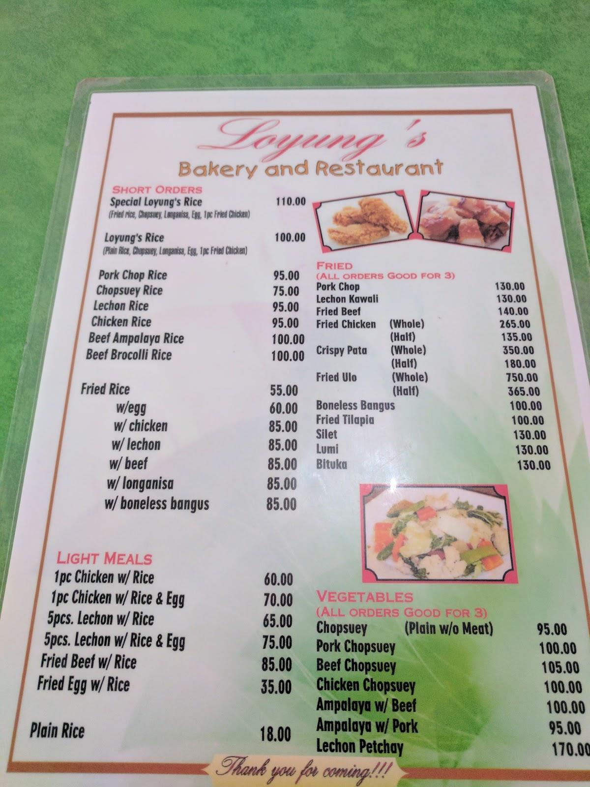 Menu at Loyung's Restaurant, Atok