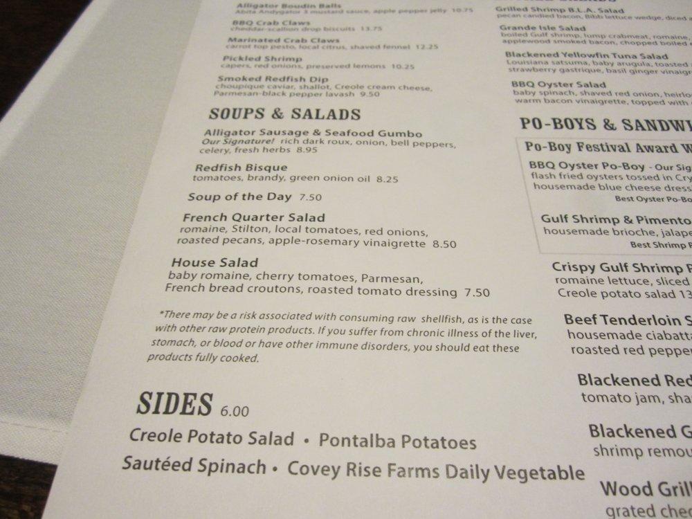 Menu at Red Fish Grill restaurant, New Orleans