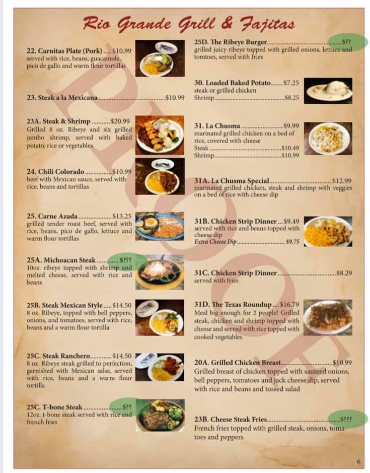 Menu at Rio Grande Mexican restauran /Purvis ms restaurant, Purvis