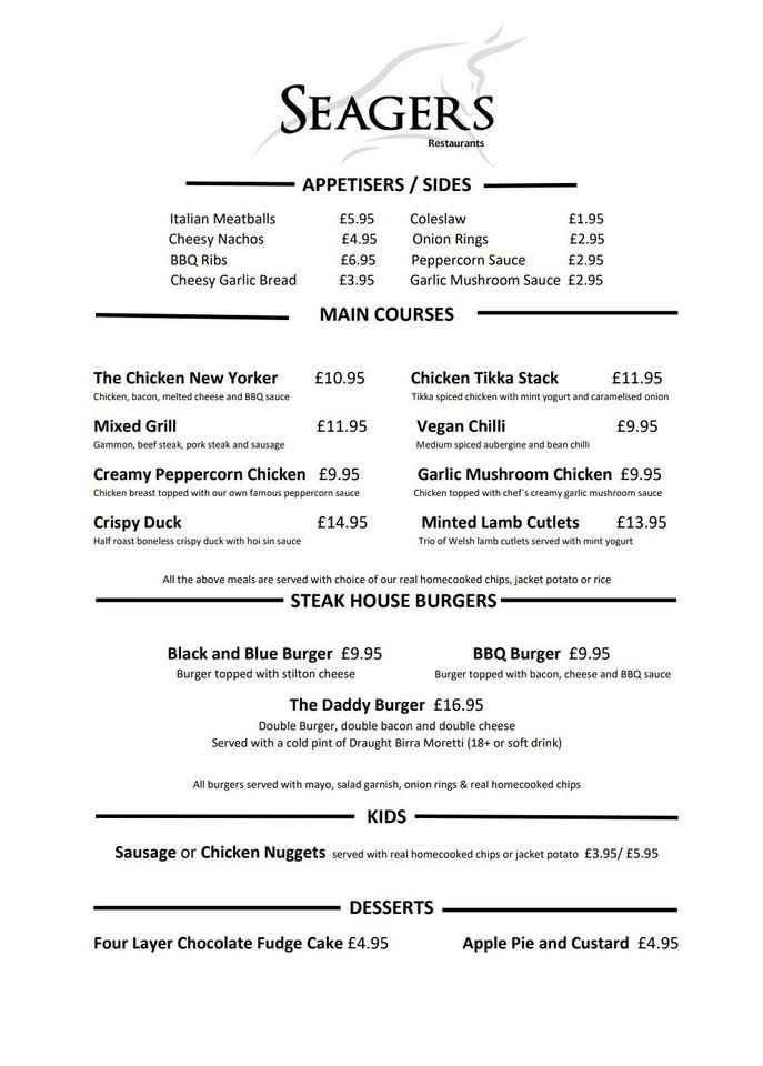 Menu at Seagers Restaurant, Llangennech