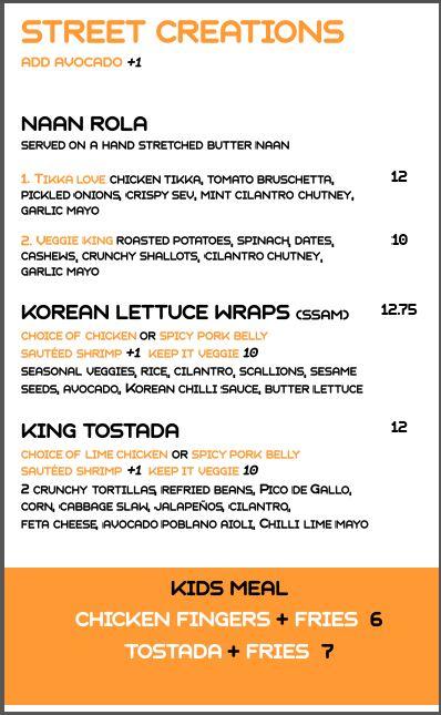 Menu at The Street Eatery restaurant, Calgary