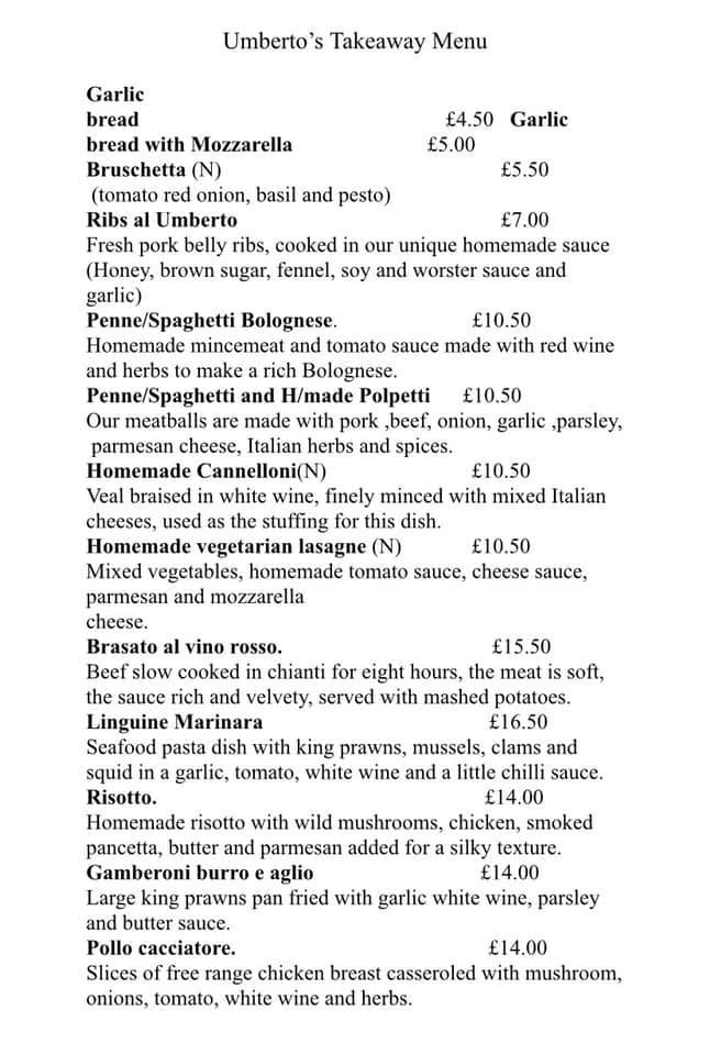 Menu at Umbertos restaurant, Hornchurch, 195 High St