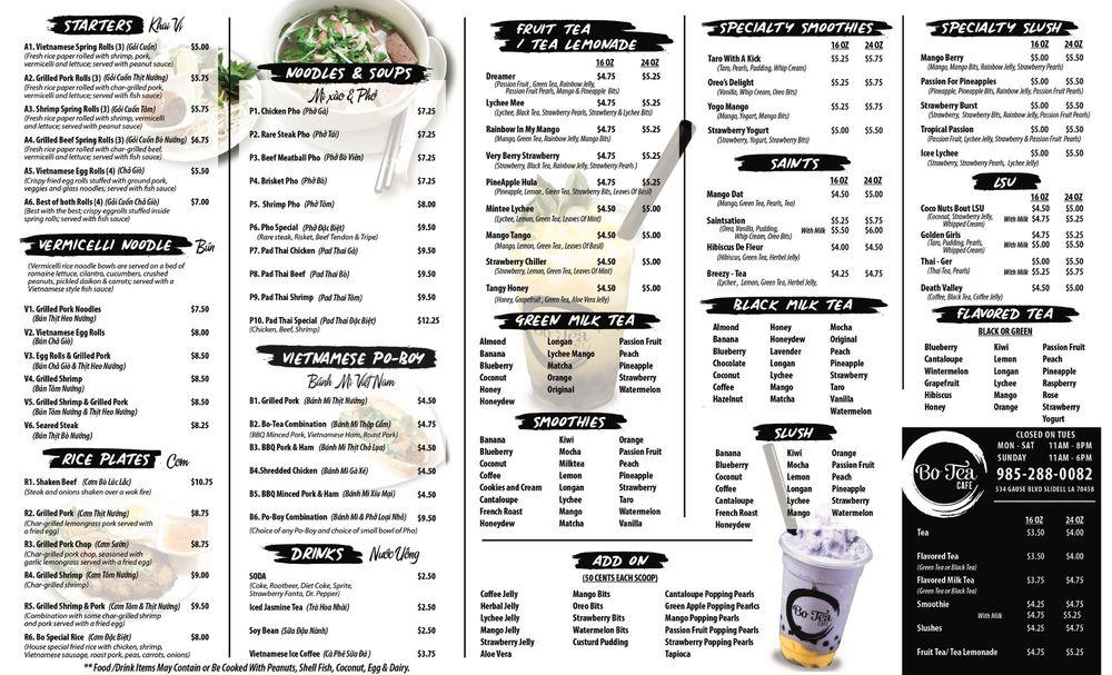 Menu at Bo-Tea Café restaurant, Slidell