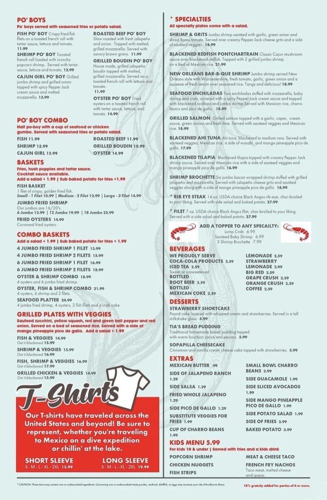 Menu at Tia Juanita’s Fish Camp restaurant, Orange
