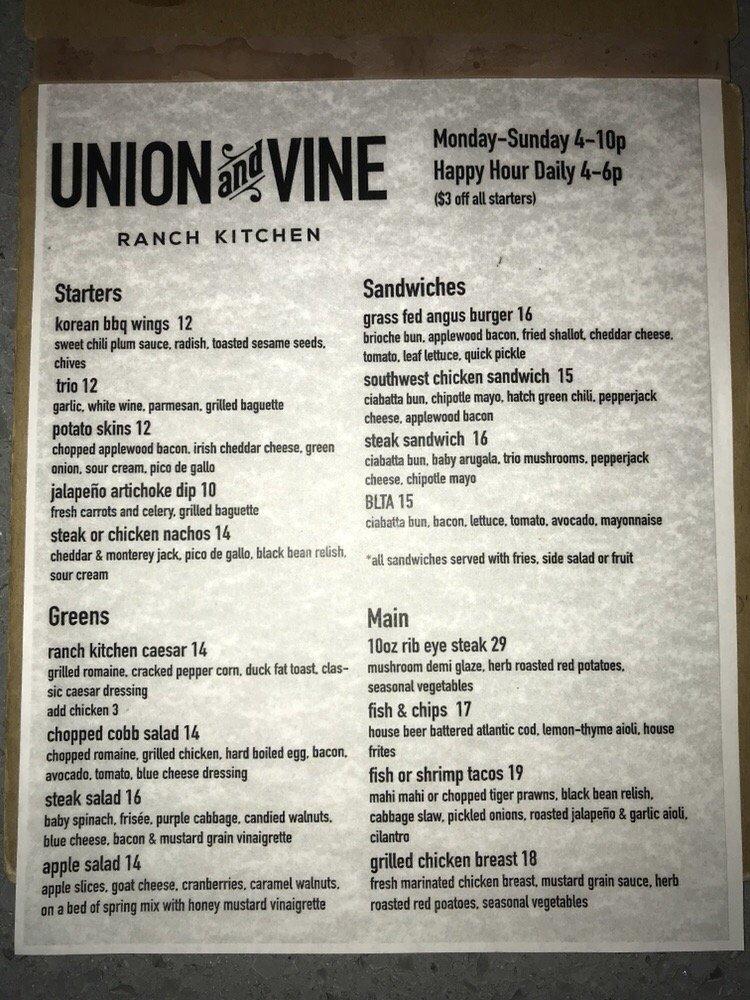 Menu at Union & Vine pub & bar, Atascadero