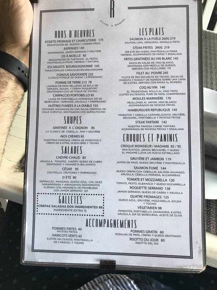 Menu at Bistro Republique, Saltillo, C. Reynosa 212
