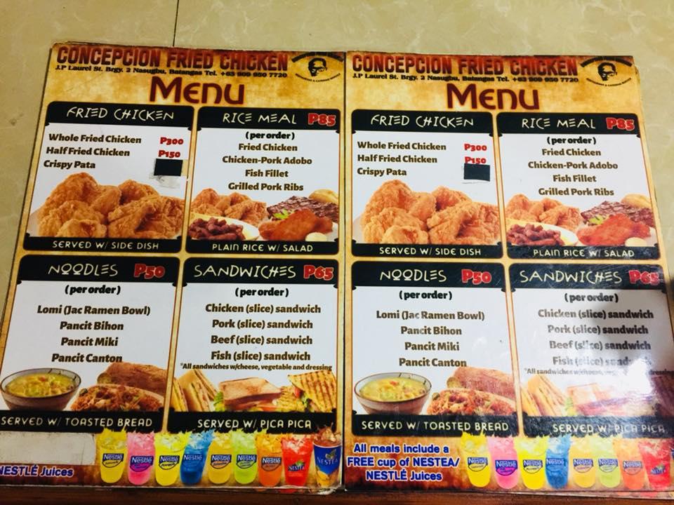 Menu at CFC Family restaurant, Nasugbu