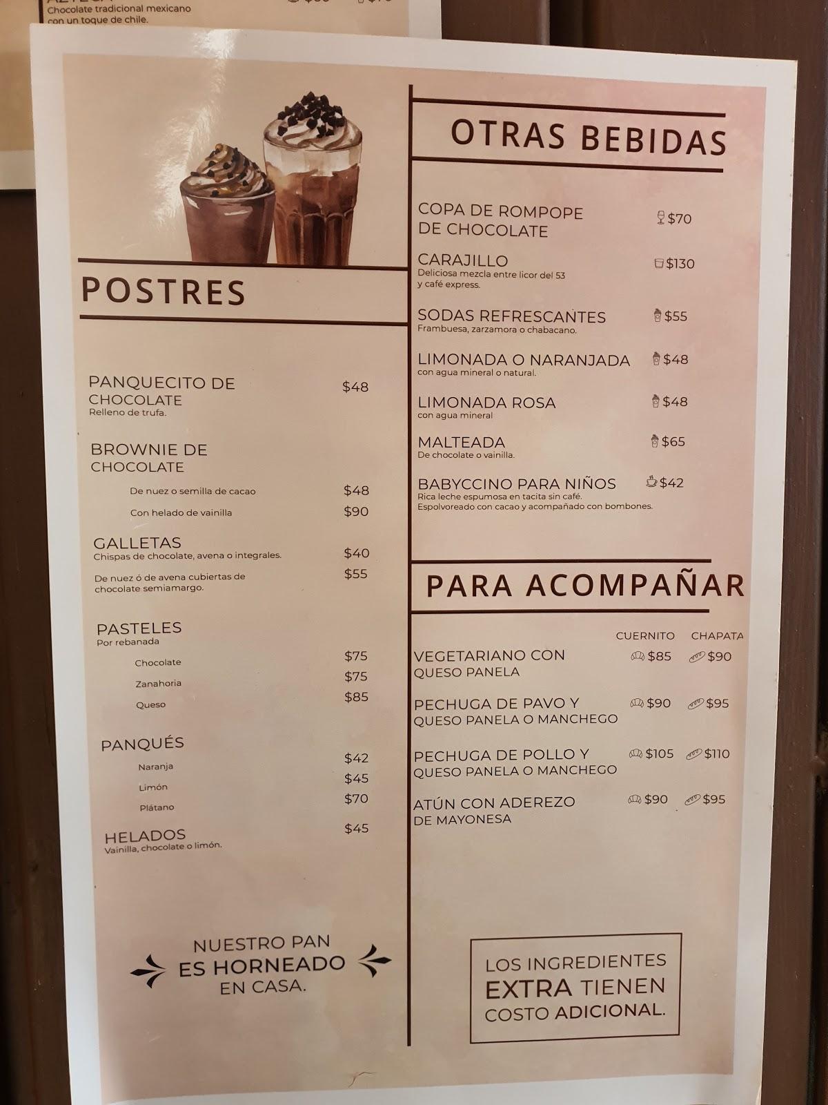 Menu at Cacao Mexican chocolate cafe, Tepoztlán
