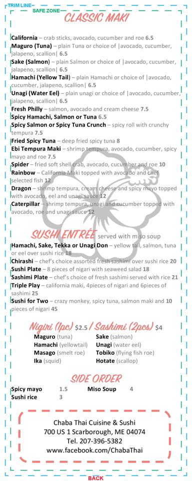 Menu at Chaba Thai Cuisine restaurant, Scarborough