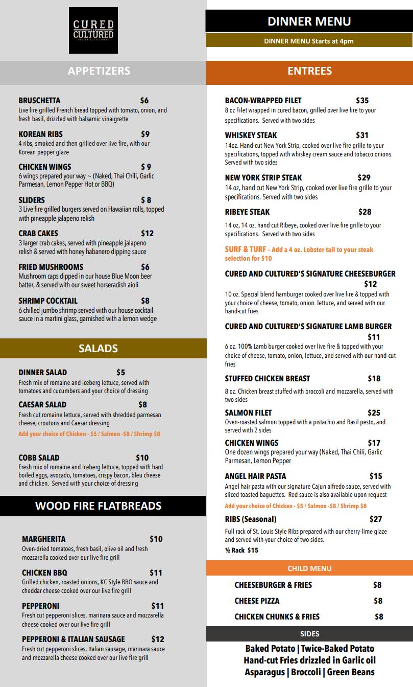 Menu at Cured and Cultured restaurant, Belleville