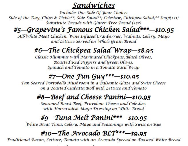 Menu at Grapevine Farms cafe, Cobleskill
