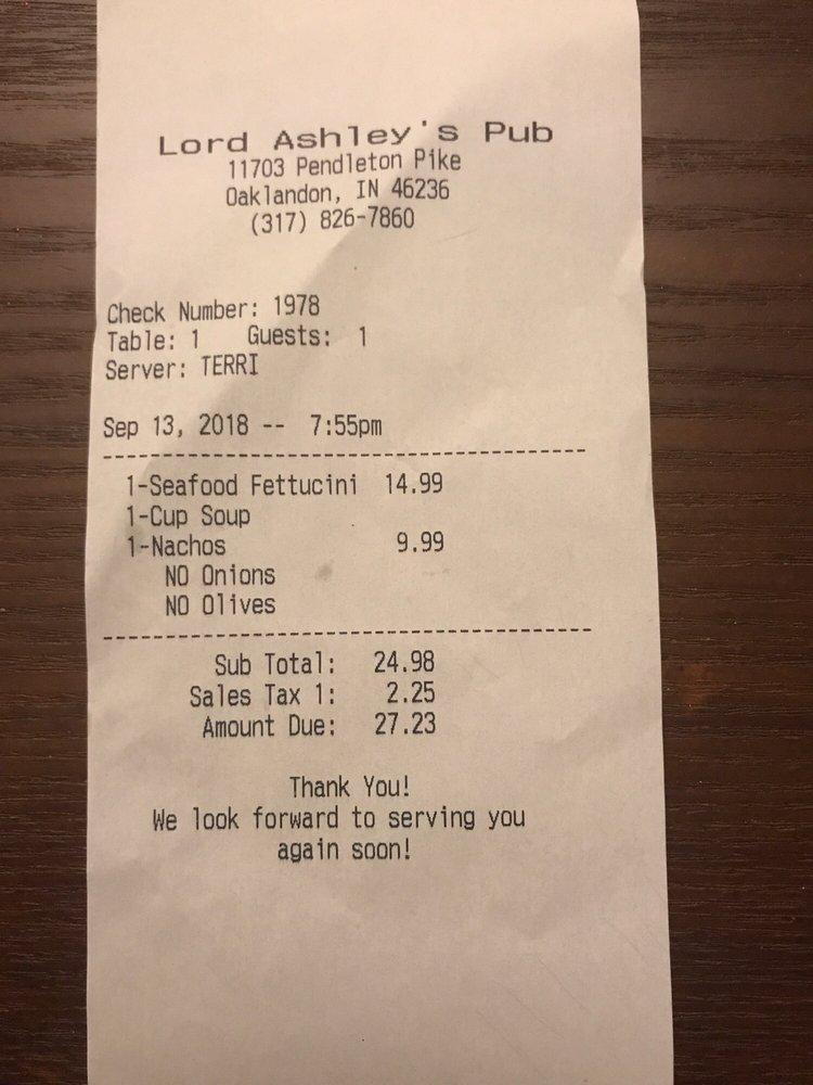 Menu at Lord Ashley's Pub, Indianapolis, Pendleton Pike
