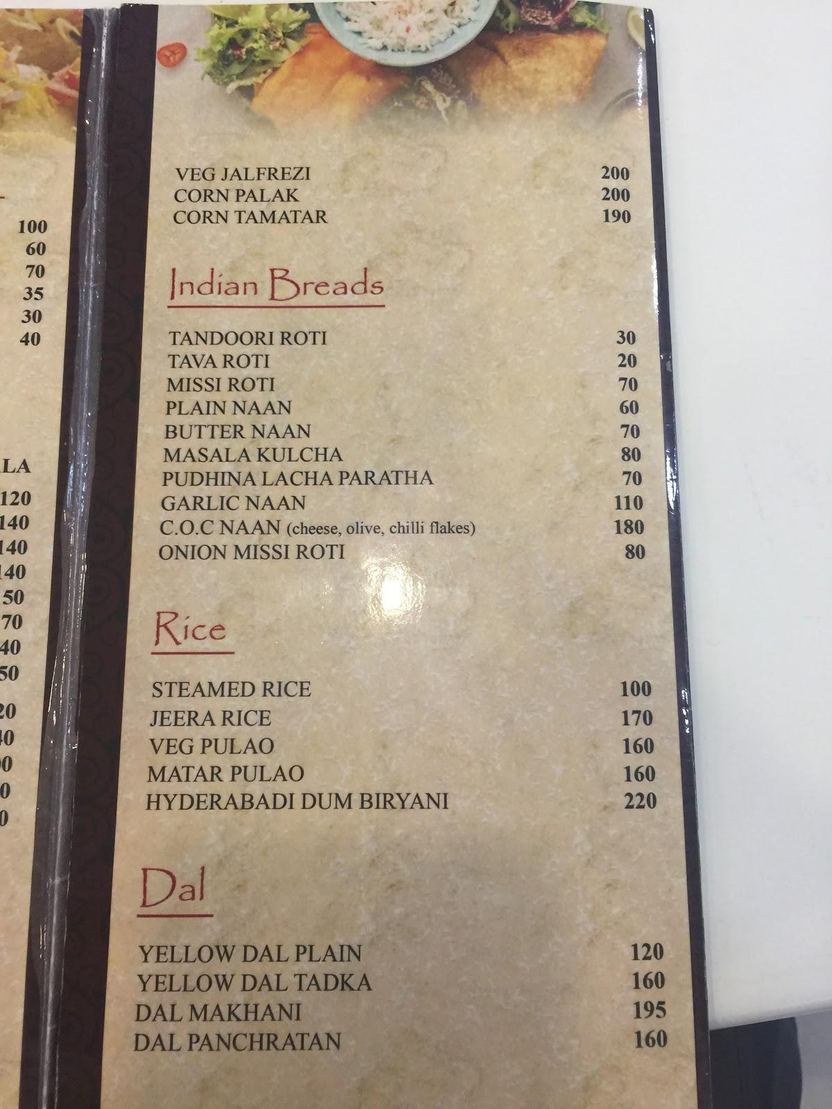 Menu at Mithaas, Shillong, 4th Furlong