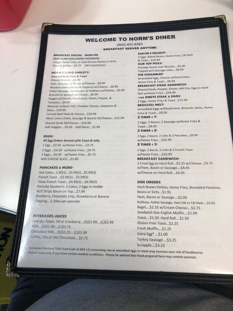 Menu at Norm's Diner restaurant, Groton