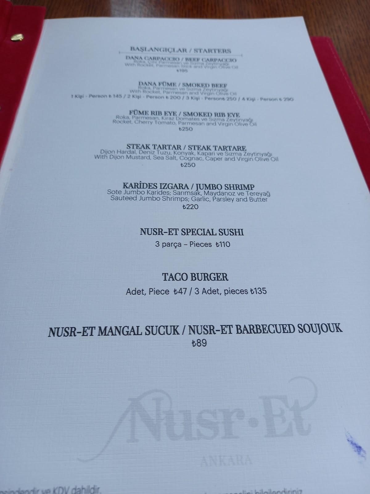 Menu at Nusr-Et Steakhouse Ankara, Ankara