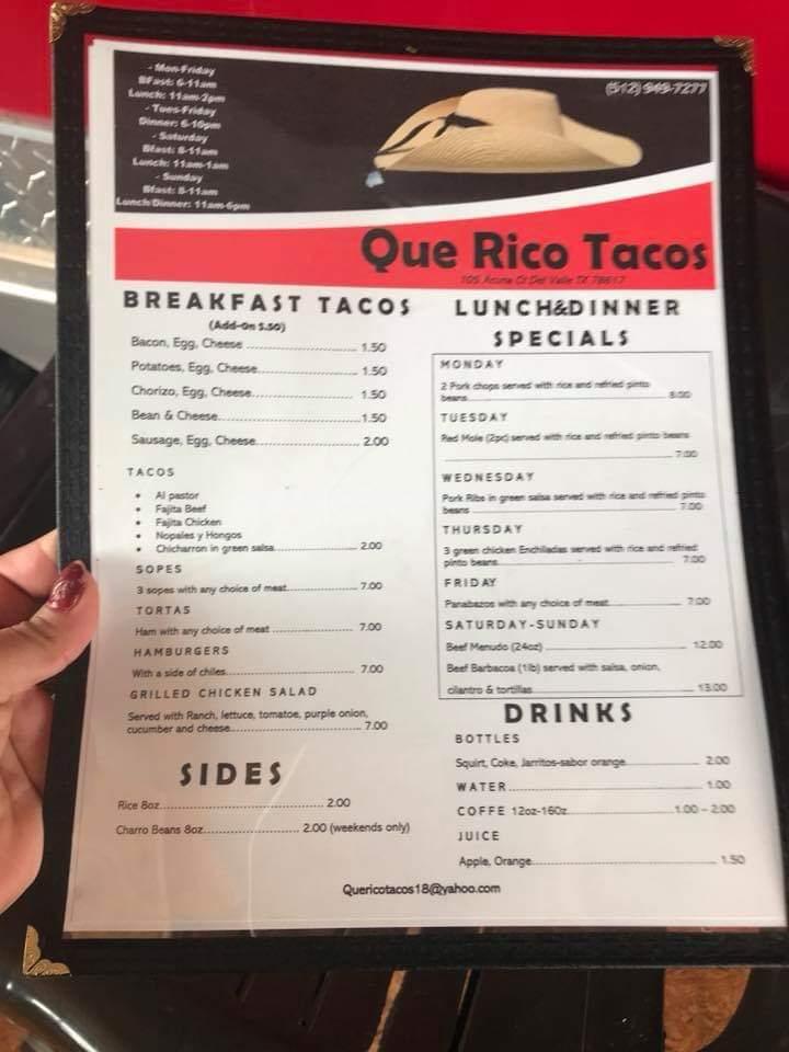 Menu at Que Rico Tacos restaurant, Austin