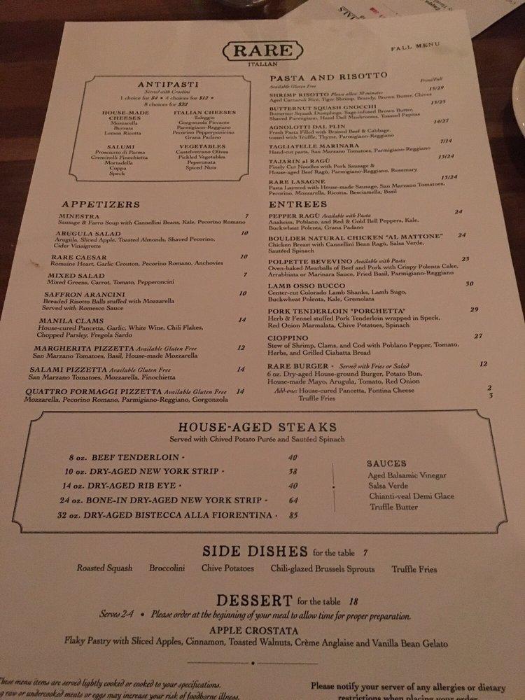 Menu at RARE Italian restaurant, Fort Collins