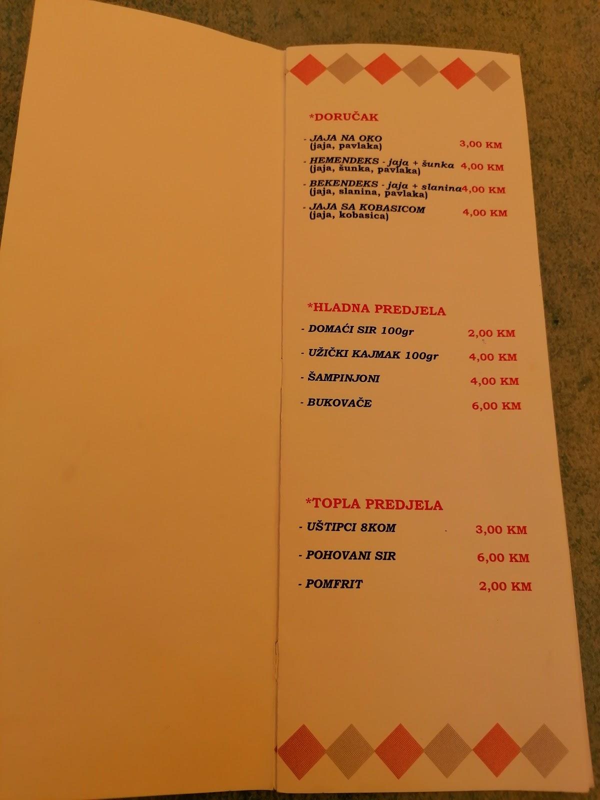 Menu at Restoran Izvor restaurant, Dvorovi