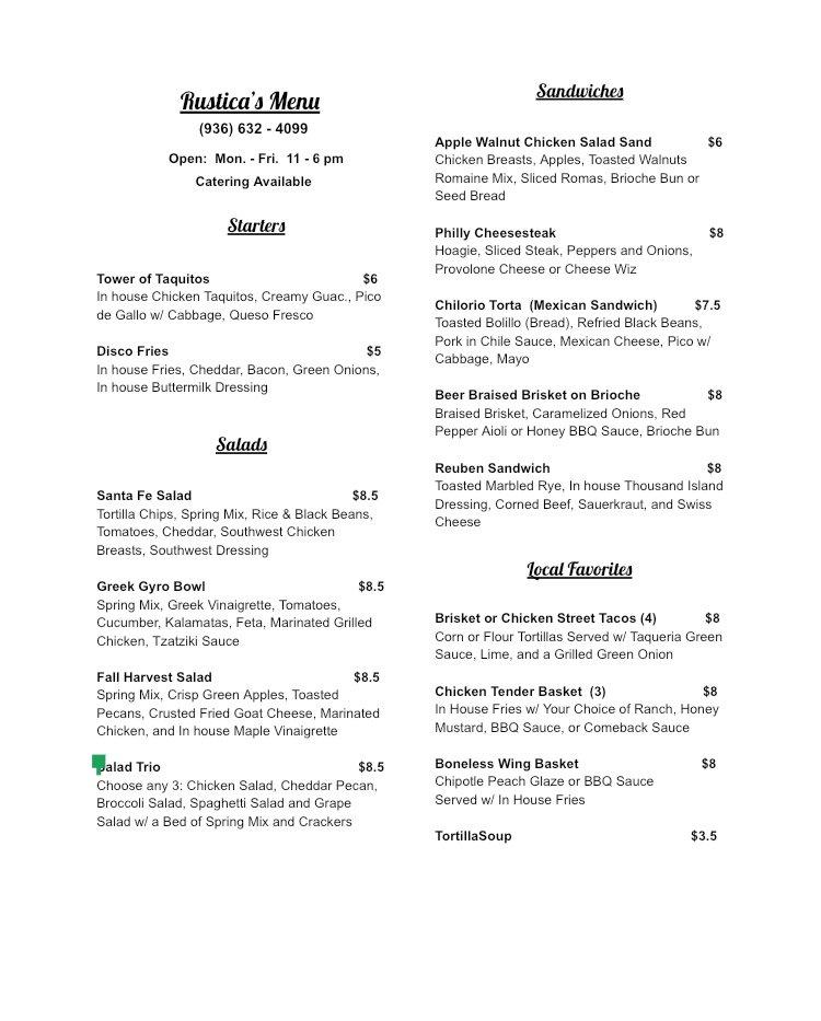 Menu at Rustica's: A Globally Inspired Kitchen restaurant, Lufkin