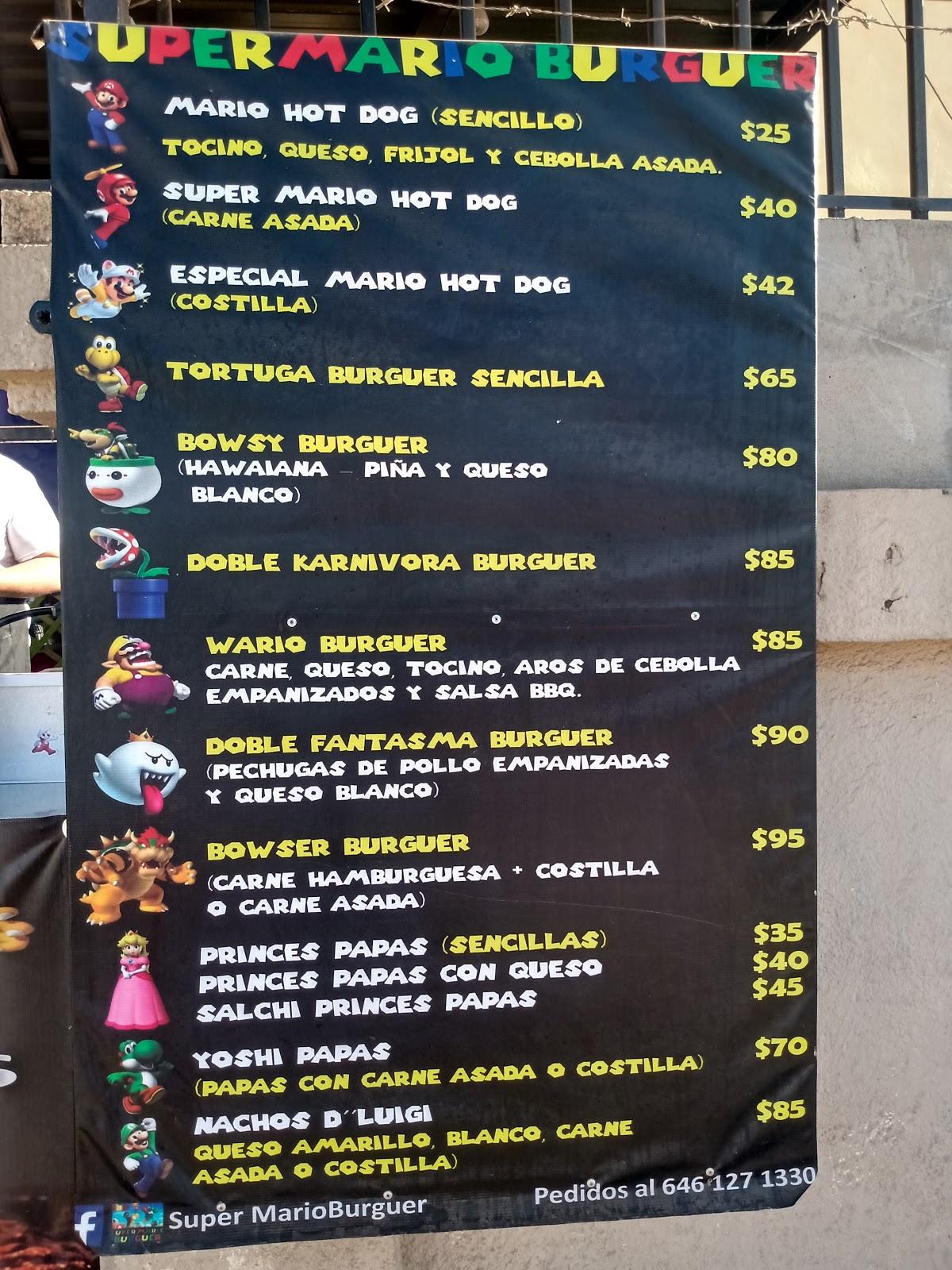 Menu at Super Mario Burger restaurant, Ensenada