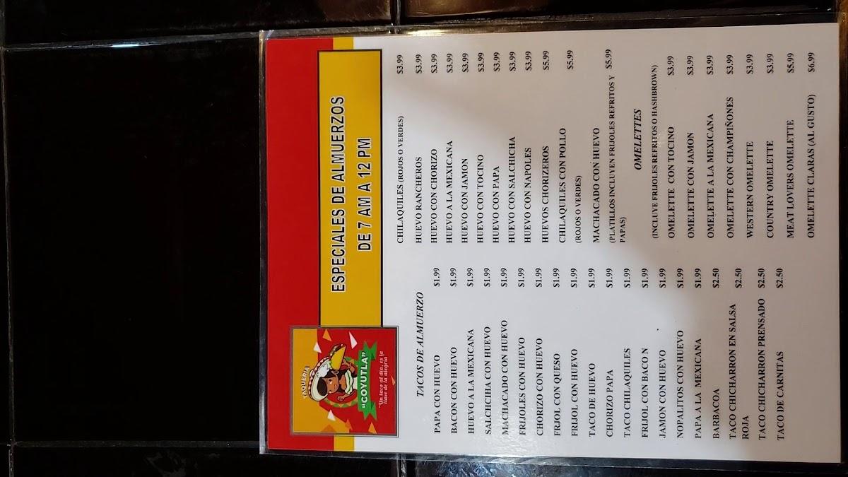 Menu at Taqueria Coyutla restaurant, Laredo, San Bernardo Ave