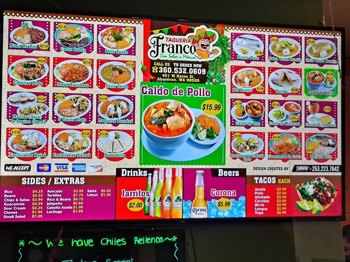 Menu at Taqueria Franco restaurant, Aberdeen, 401 W Heron St