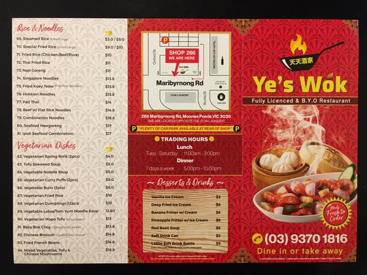 Menu at Ye's Wok restaurant, Ascot Vale