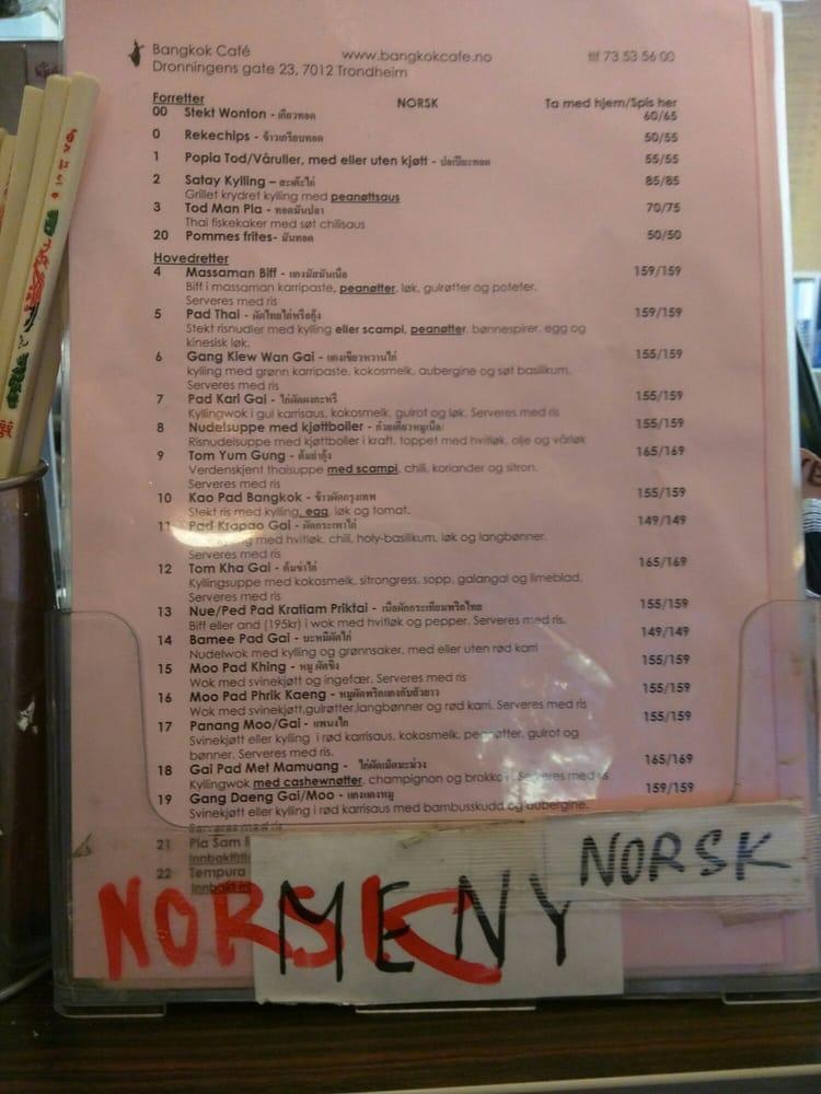 Menu at Bangkok Cafe, Trondheim