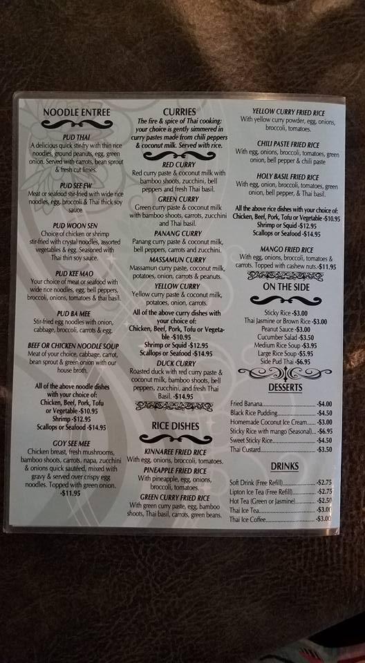 Menu at Kinnaree Thai Cuisine restaurant, Joplin